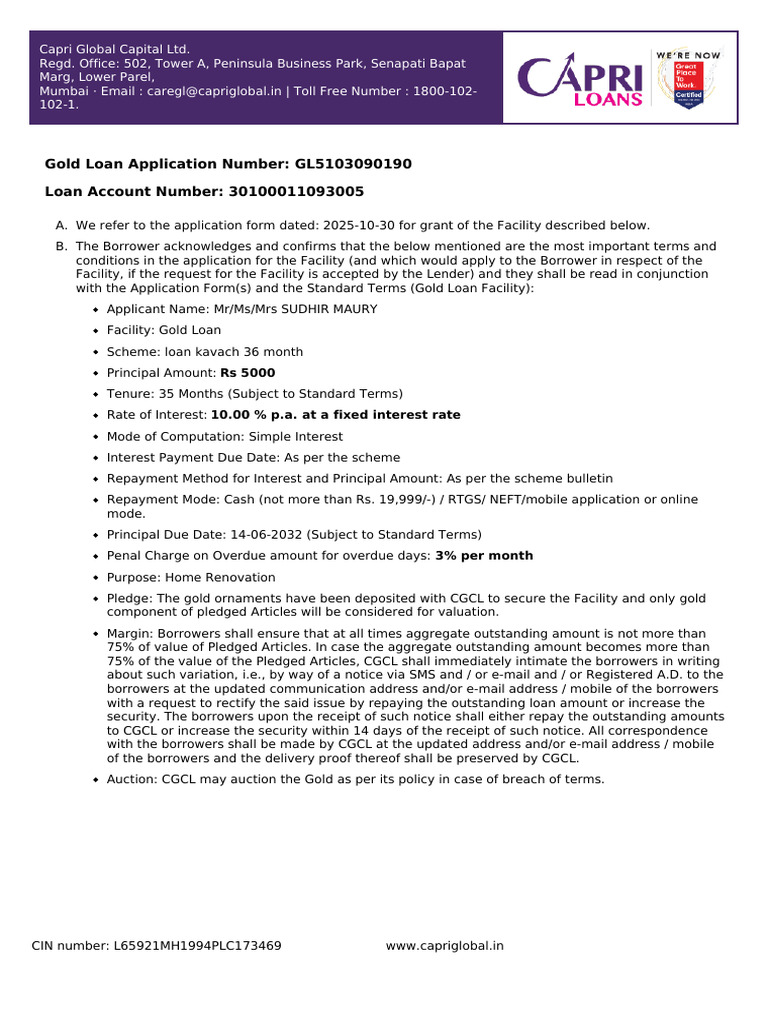 Gold Loan Application Number: GL5103090190 Loan Account Number ...