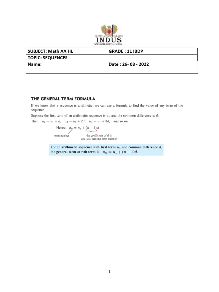 Arithmettic and Geo Metric Sequences Worksheet - Dp1 Math Aa HL | PDF