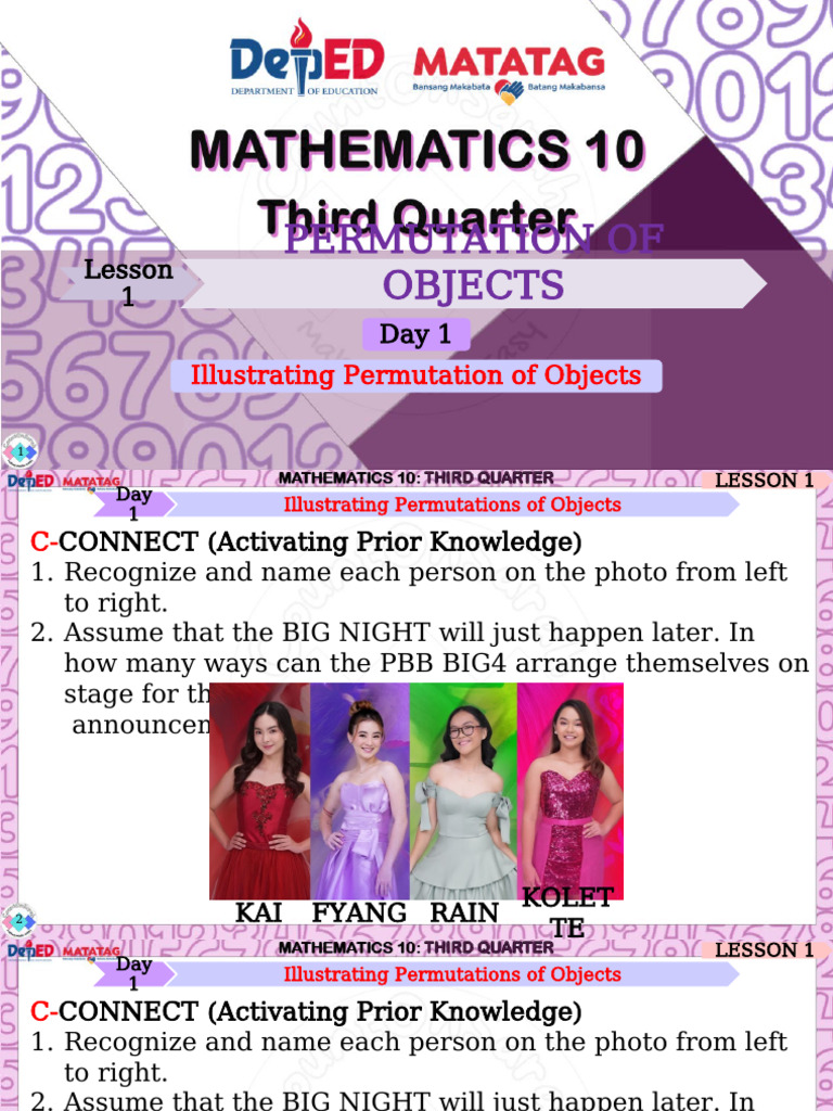 MATATAG MATH10 Q3 W1 Illustrating Permutation | PDF | Permutation | Numbers