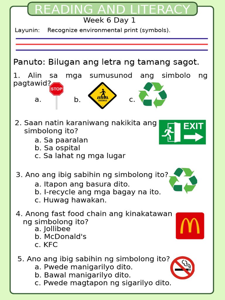 Reading and Literacy Worksheet Week 6 | PDF