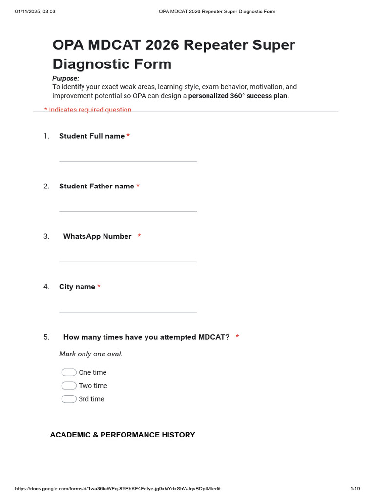 OPA MDCAT 2026 Repeater Super Diagnostic Form - Google Forms Updated ...