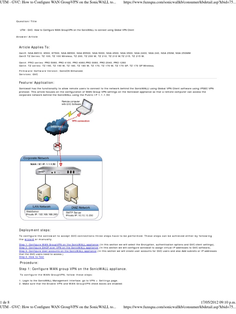 Utm Gvc How To Configure Wan Groupvpn On The Sonicwall To Connect