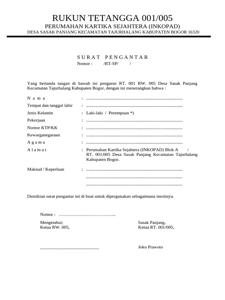 Surat Keterangan RT 001/005 Bogor | PDF