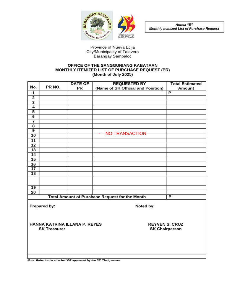 3.7 SK MC Annex e Monthly Itemized Purchase Request SKFPD Policy ...
