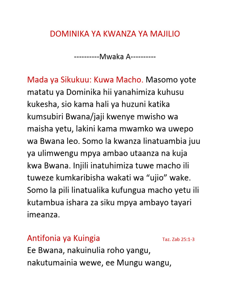 Dominika Ya 1 Kwanza Ya Majilio Mwaka A | PDF