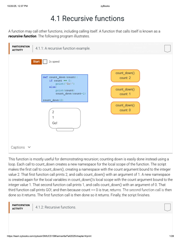 CS 109: Introduction To Computer Programming, Part B Chapter 4 Zybooks | PDF | Function ...
