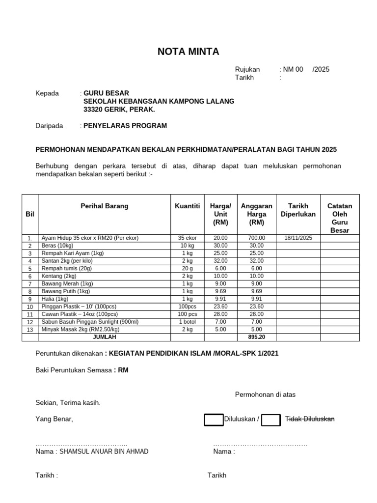 Nota Minta Sembelihan Dan Khatam Quran 2025 | PDF