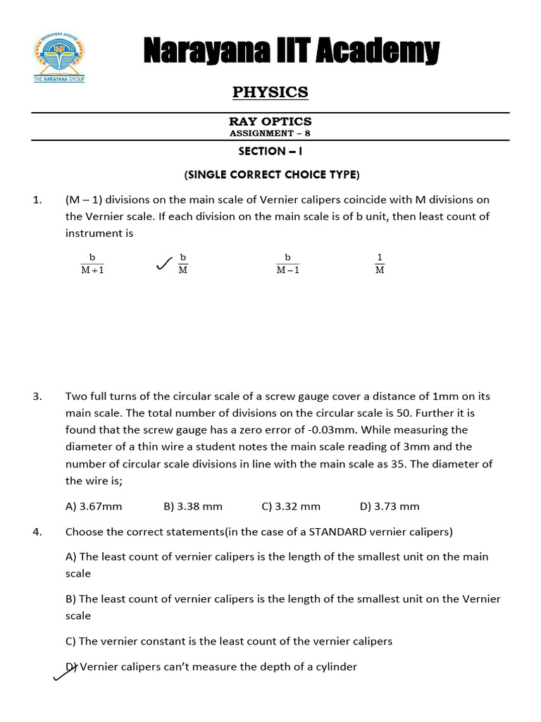 Ray Optics Assign 8 Pdf Optics Light