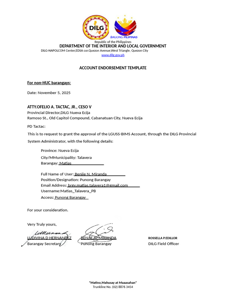 DILG Account Endorsement Template | PDF | Philippines