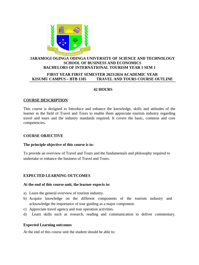Btb 1105 Travel and Tours Course Outline | PDF | Tourism | Learning