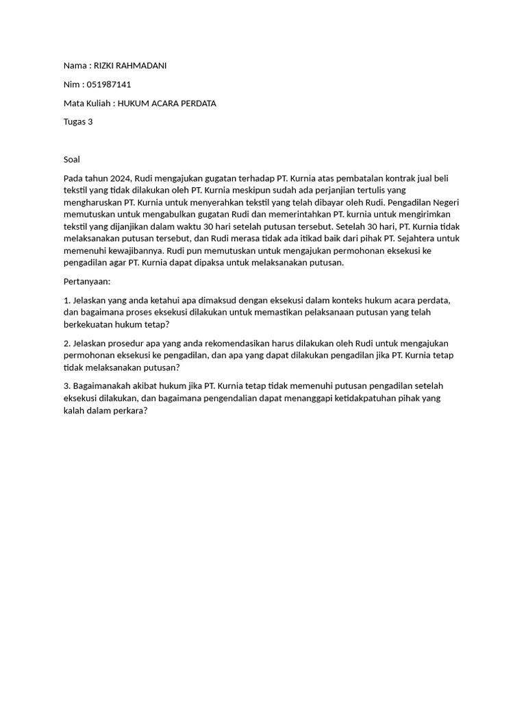 Tugas 3 Rizki Rahmadani Hukum Acara Perdata | PDF
