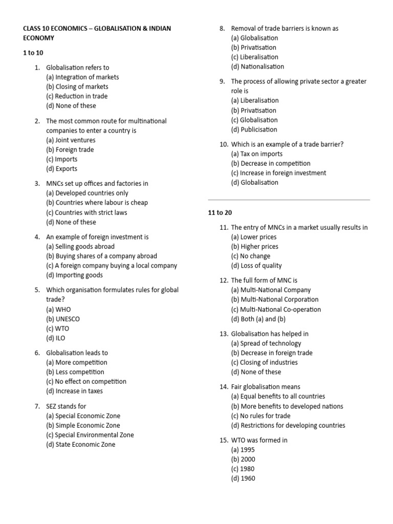 Globalisation and Indian Economy Quiz | PDF | Globalization ...