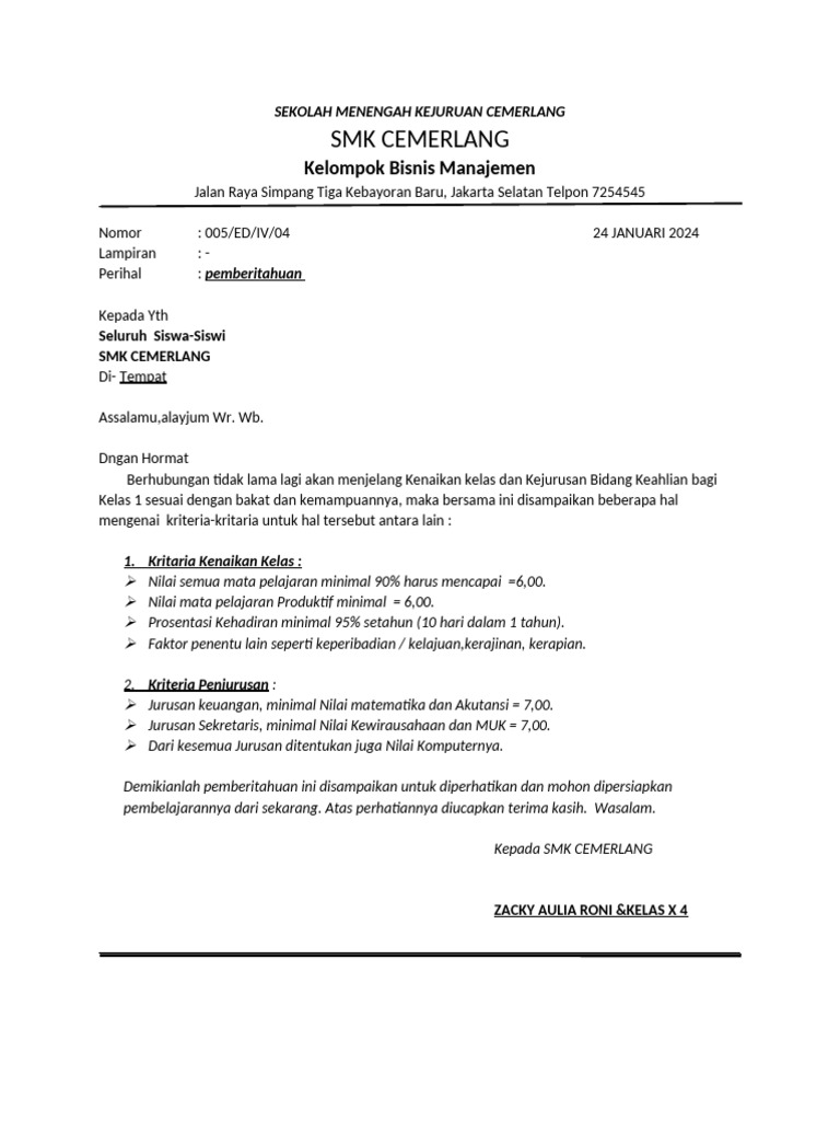 Kriteria Kenaikan Kelas SMK Cemerlang | PDF
