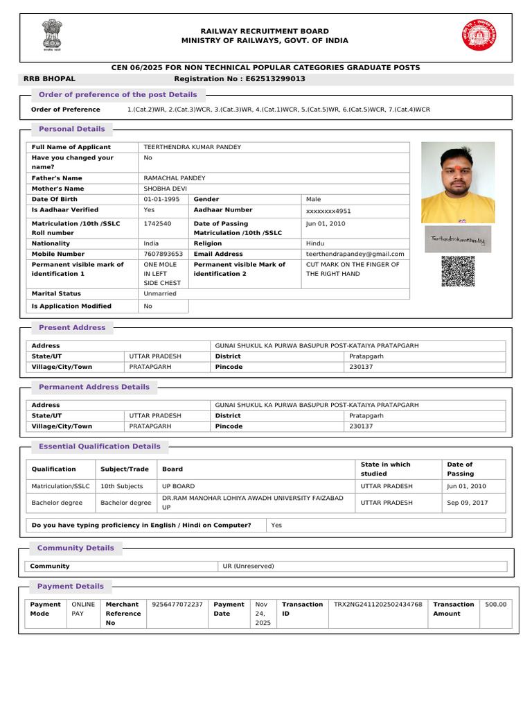 Order of Preference of The Post Details: Railway Recruitment Board ...