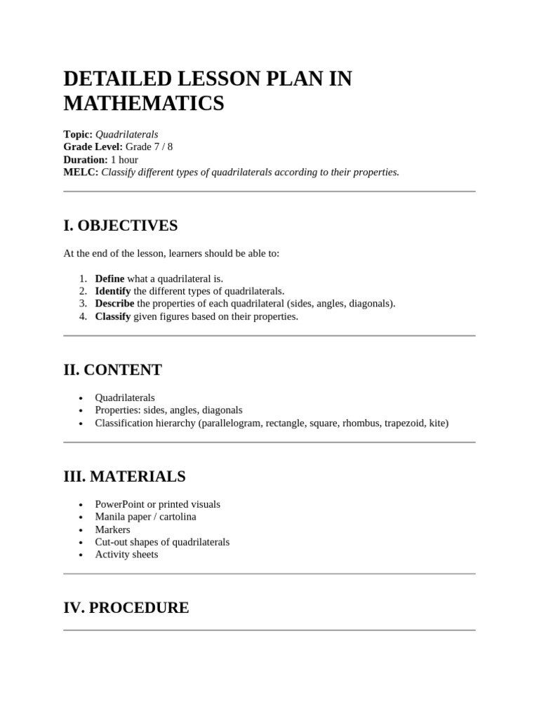 Quadrilaterals Lesson Plan for Grades 7-8 | PDF | Rectangle ...