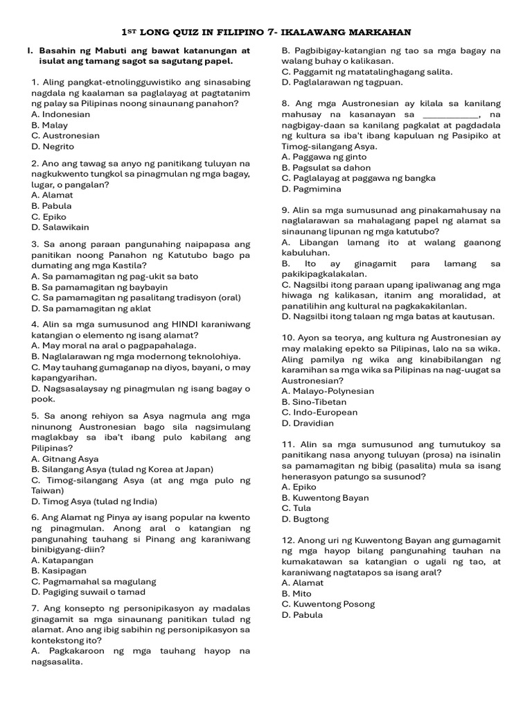q2 1st Long Quiz in Fil | PDF