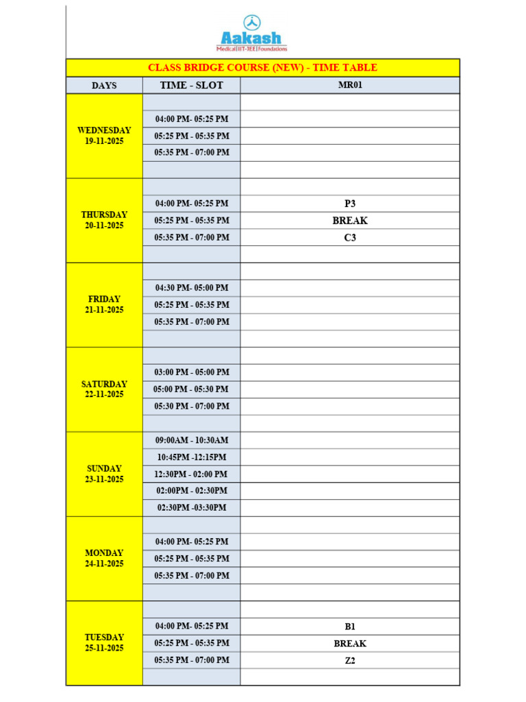 Bridge Course - Time Table 19-11-2025 To 25-11-2025 | PDF