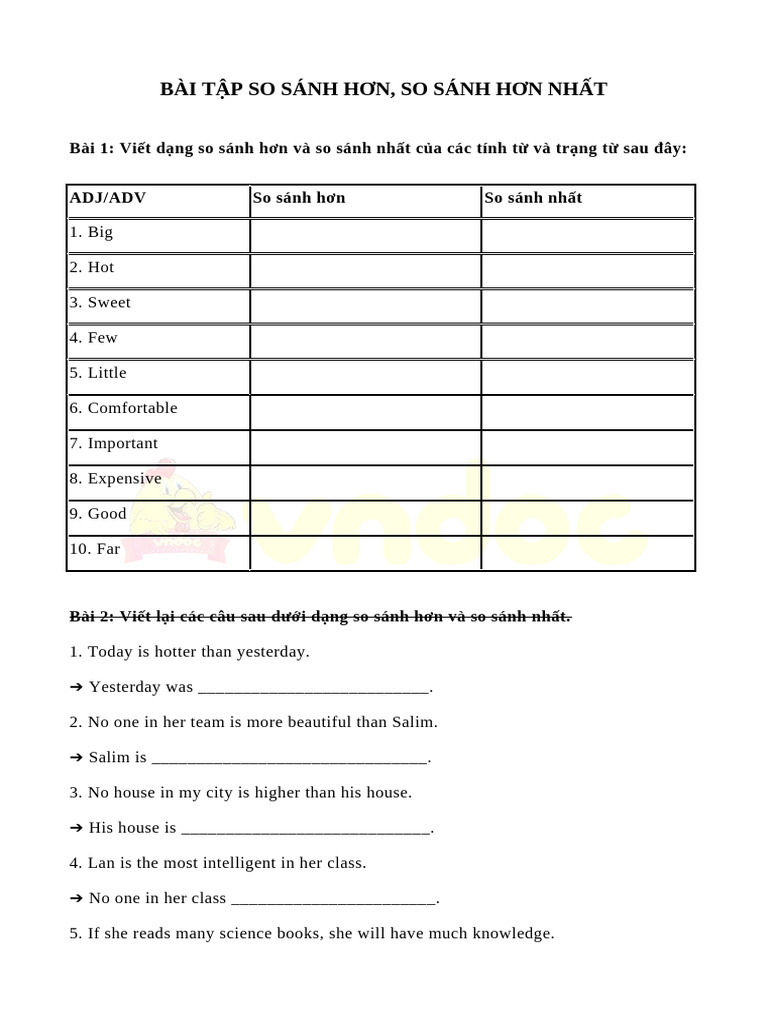 BT So Sánh Hơn Và So Sánh Nhất | PDF