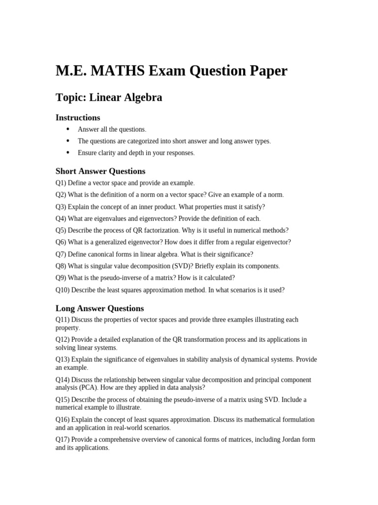 M.E. Maths Linear Algebra Exam Paper | PDF | Eigenvalues And ...