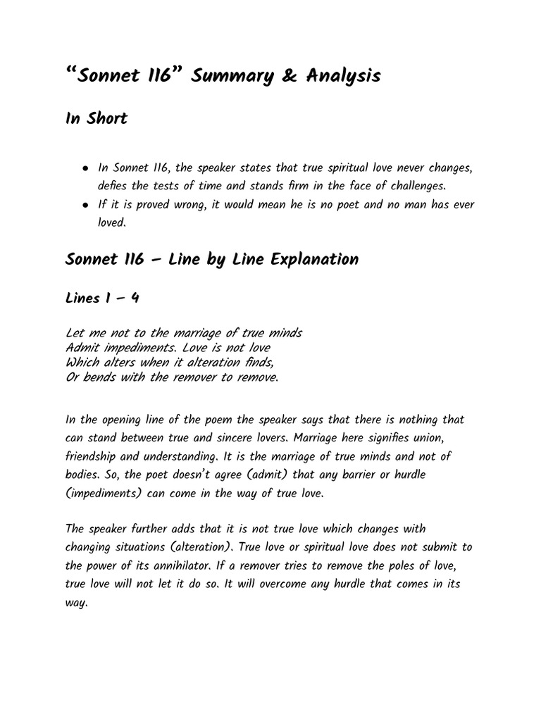 "Sonnet 116" Summary & Analysis | PDF | Poetry | Love