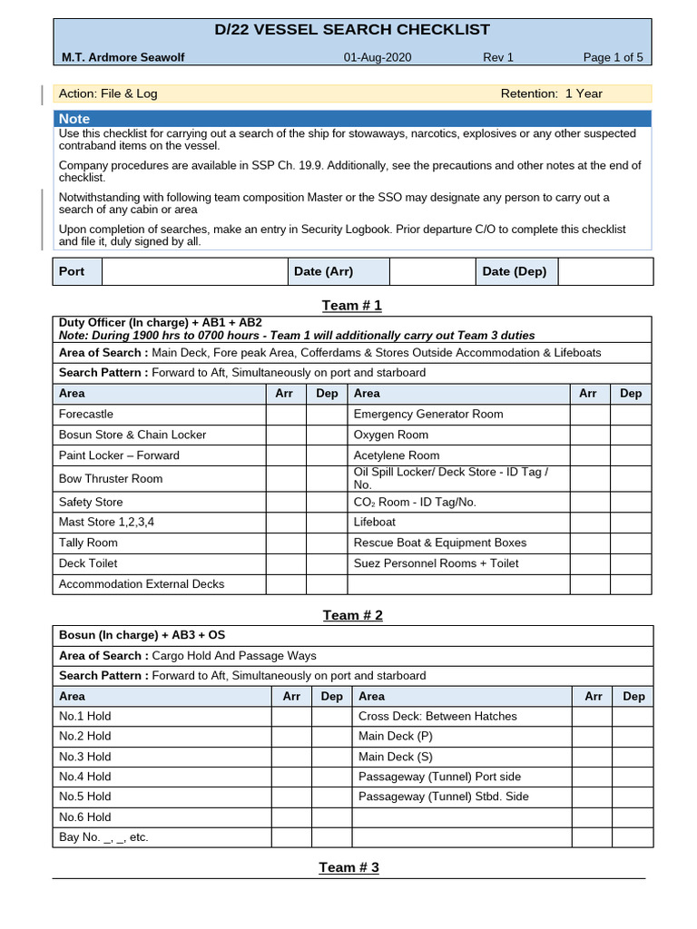 D-22 Vessel Search Checklist | PDF | Refrigerator | Deck (Ship)
