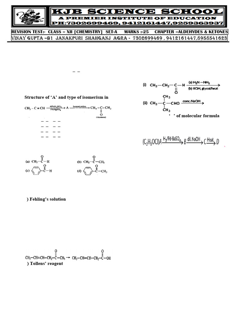 KJB Test - 1 Set A Aldehydes & Ketones | PDF | Aldehyde | Ketone
