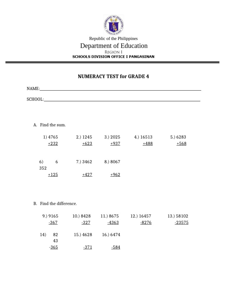 Grade 4 Numeracy Pretest | PDF