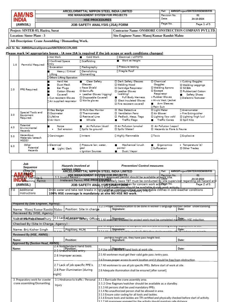 JSA of Crane Assembly Work - OCCPL 005 | PDF | Welding | Construction