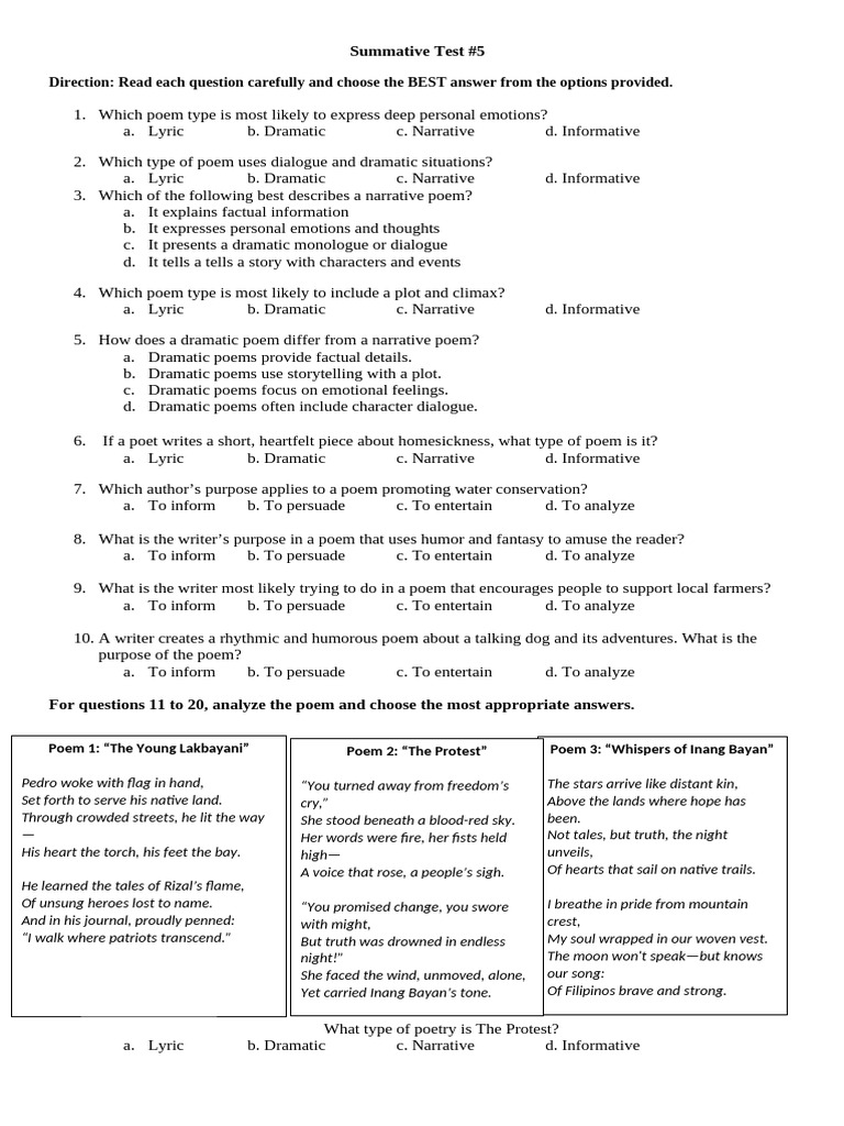 SUMMATIVE TEST 5 With KEY | PDF | Narrative | Poetry