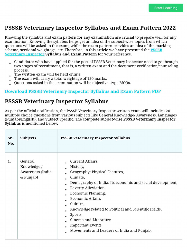 PSSSB Veterinary Inspector Syllabus and Exam Pattern 2022 | PDF