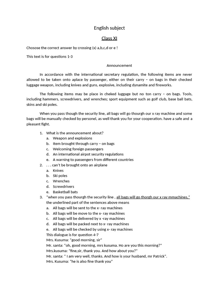 English Subject Class XI | PDF