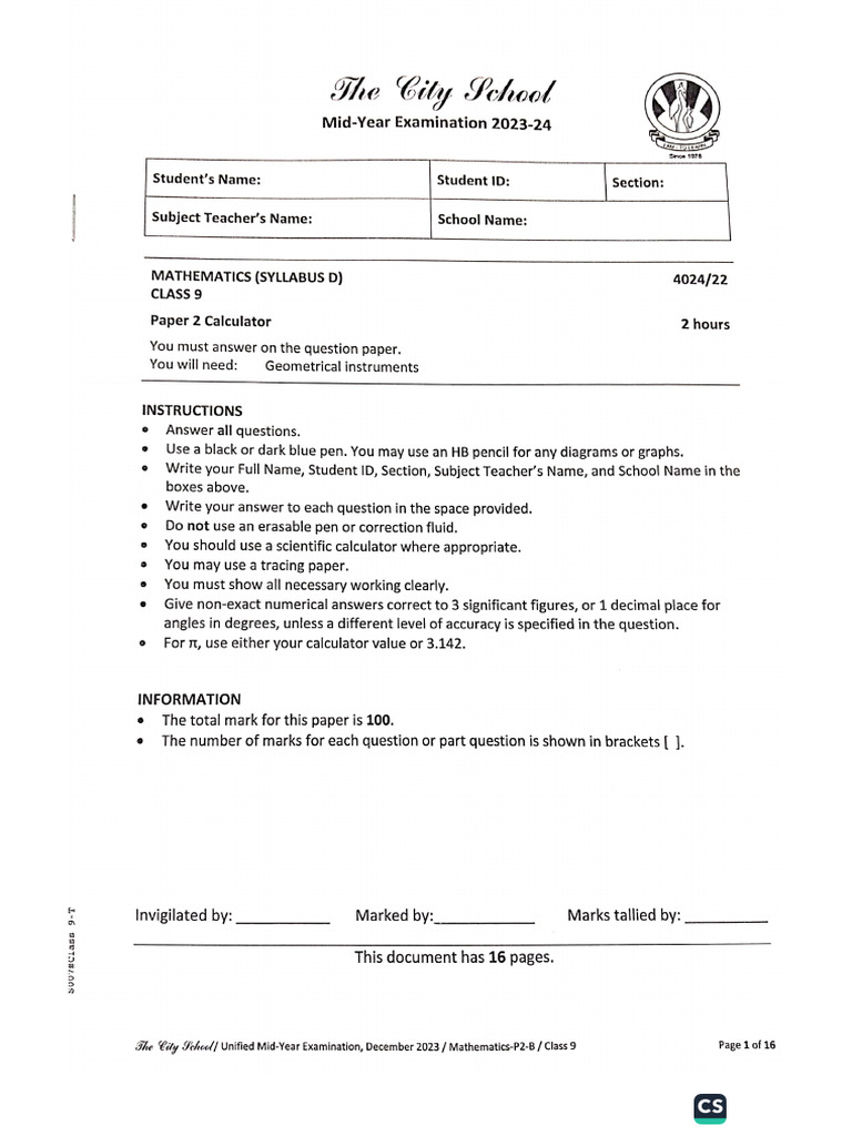 MYE EXAM 2023-24( Math , p2, Class -9) | PDF