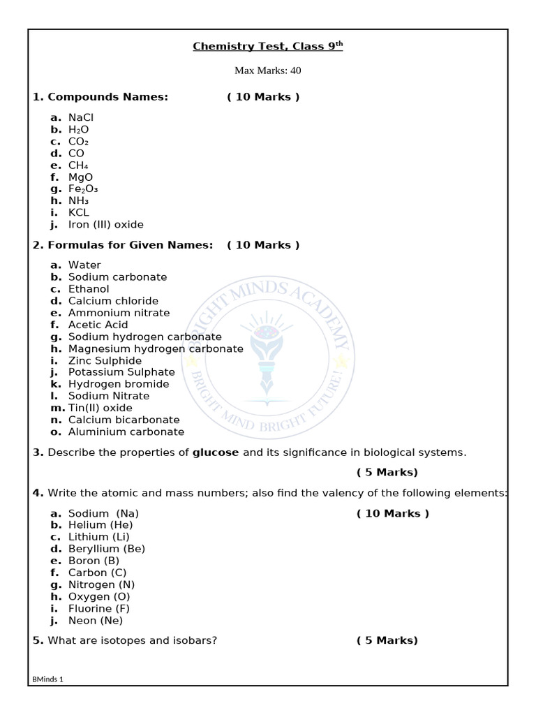 Chemical Compounds Name Test For Class 9th | PDF
