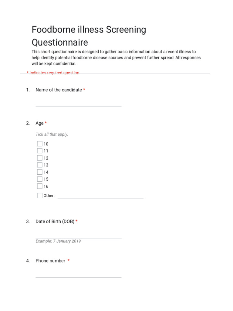 Foodborne Illness Screening Questionnaire | PDF | Foodborne Illness ...