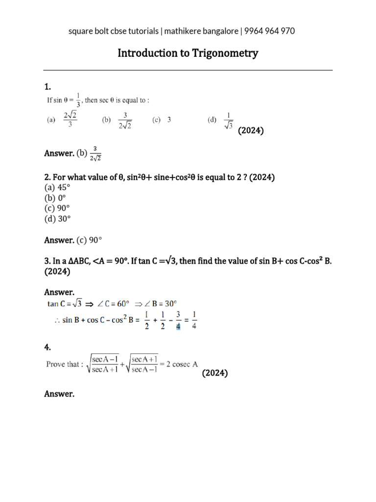 Trigonometry Pyq For 10th Students | PDF