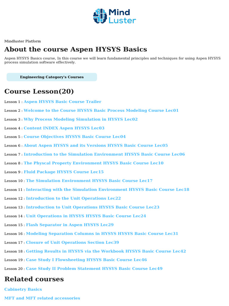 Aspen HYSYS Basics Course Content | PDF
