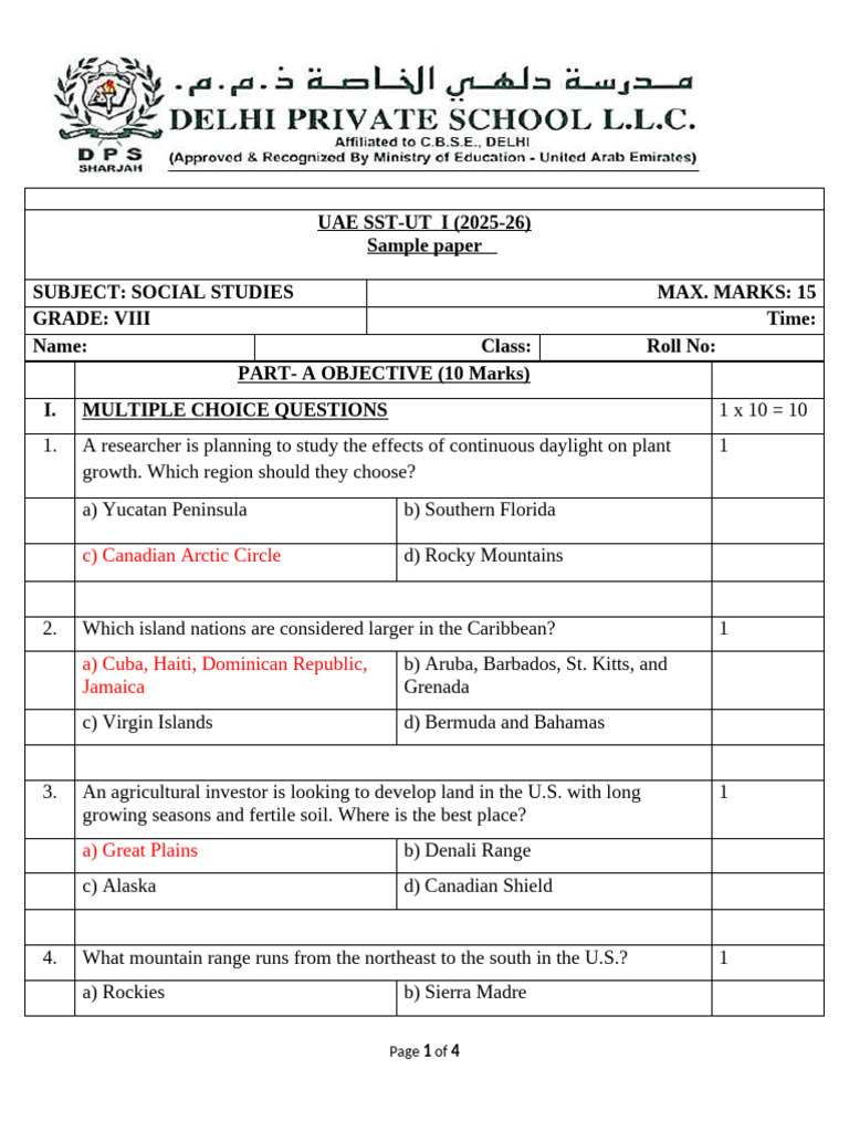 UAE SST _UT1_ Gr 8_SP_QP_ 2025-26 | PDF | North America | Physical ...