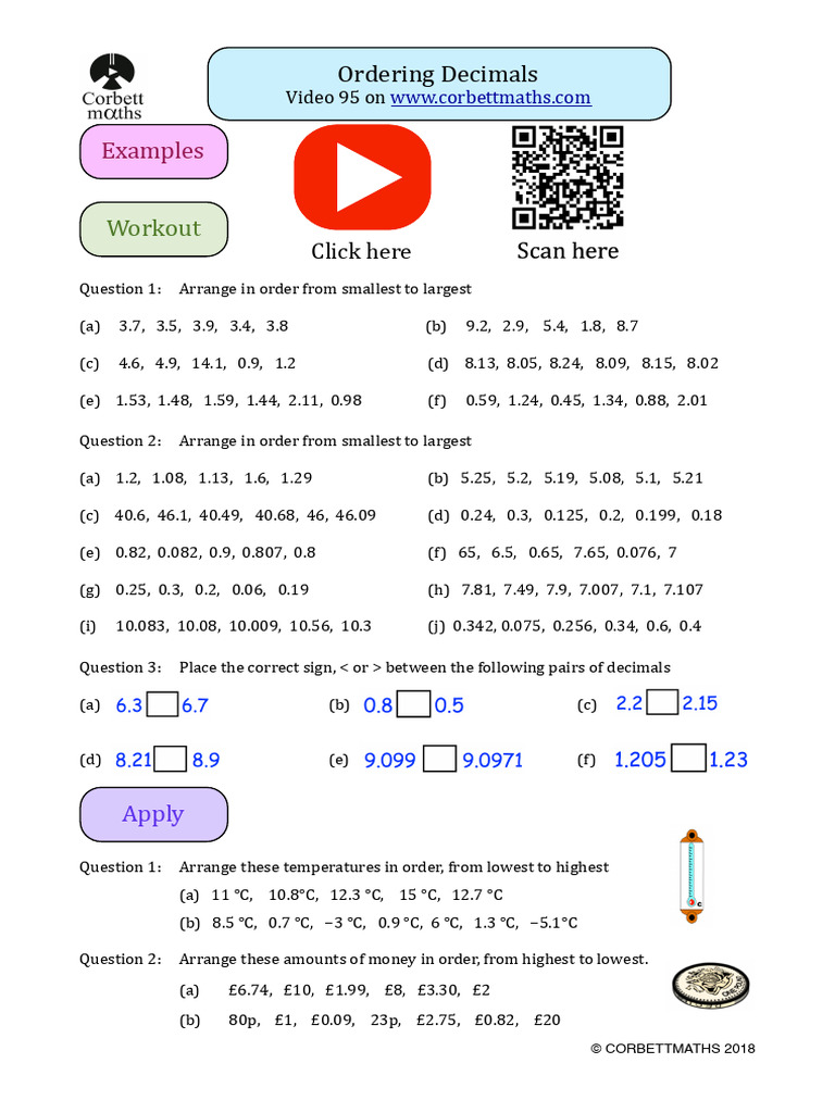 Ordering Decimals Practice Exercises | PDF | Subtraction | Multiplication