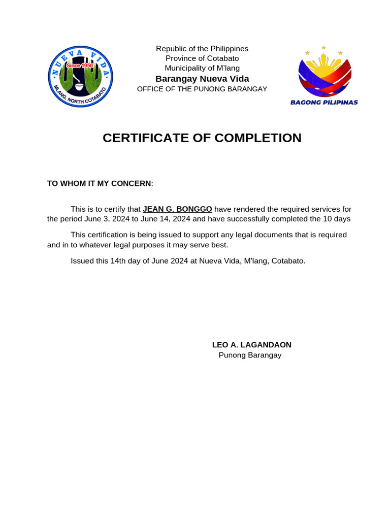 Cert - of Completion Tupad | PDF