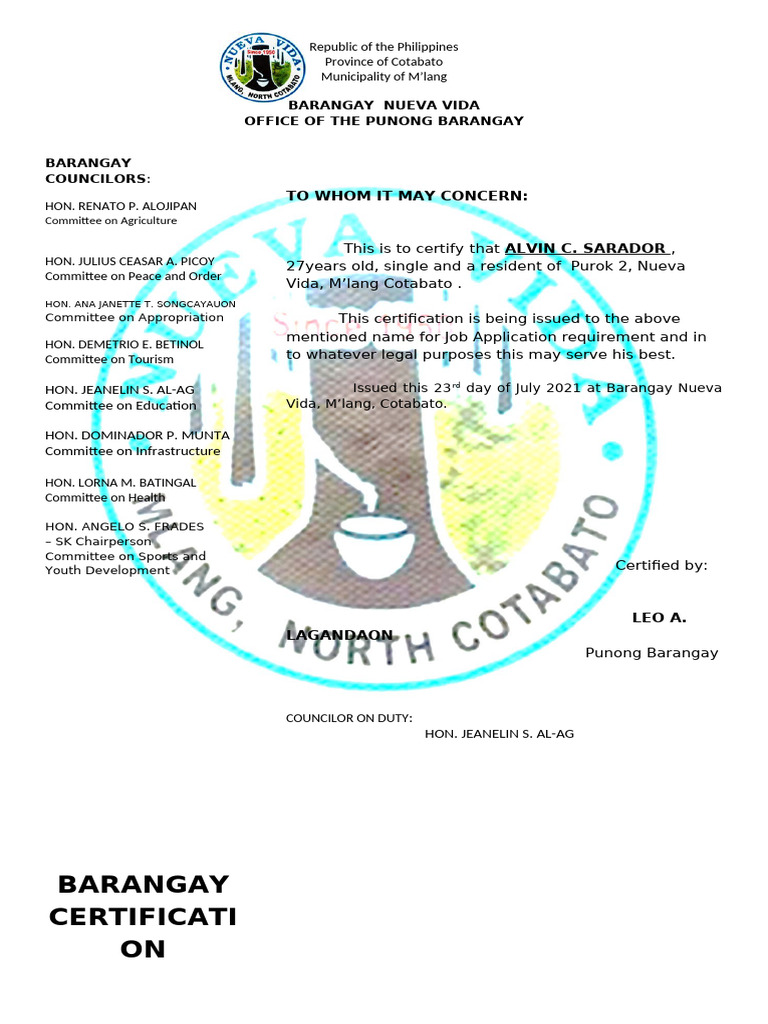 BARANGAY Certification NEW | PDF