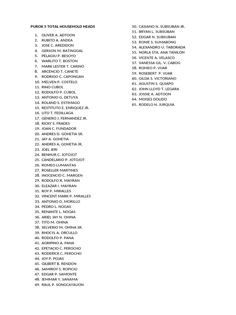 Purok 5 Total Household Heads | PDF