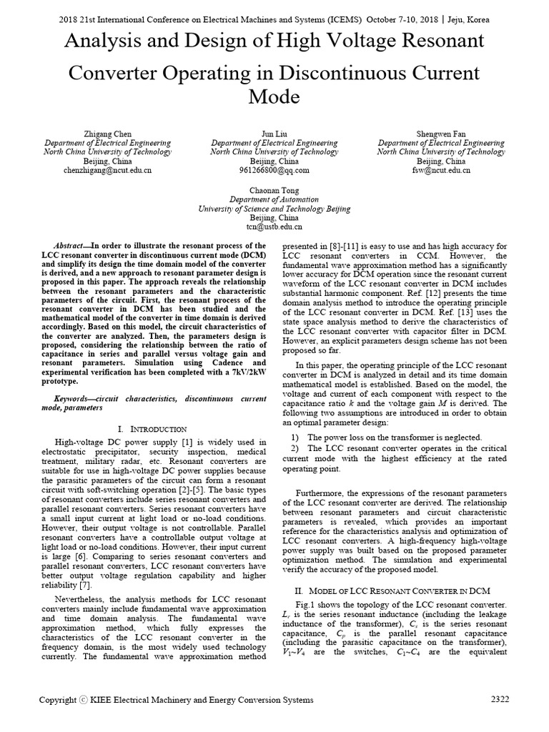 Analysis and Design of High Voltage Resonant Converter Operating in Discontinuous Current Mode ...
