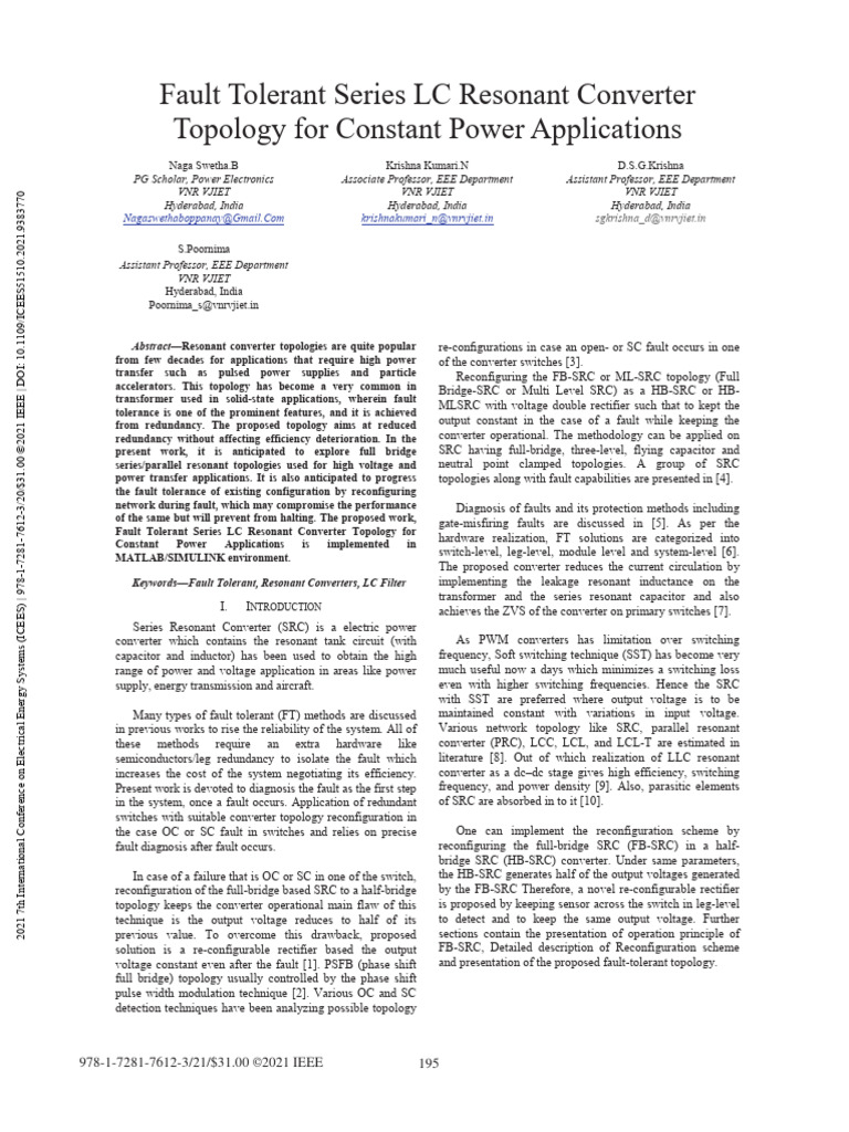 Fault Tolerant Series LC Resonant Converter Topology for Constant Power Applications | PDF
