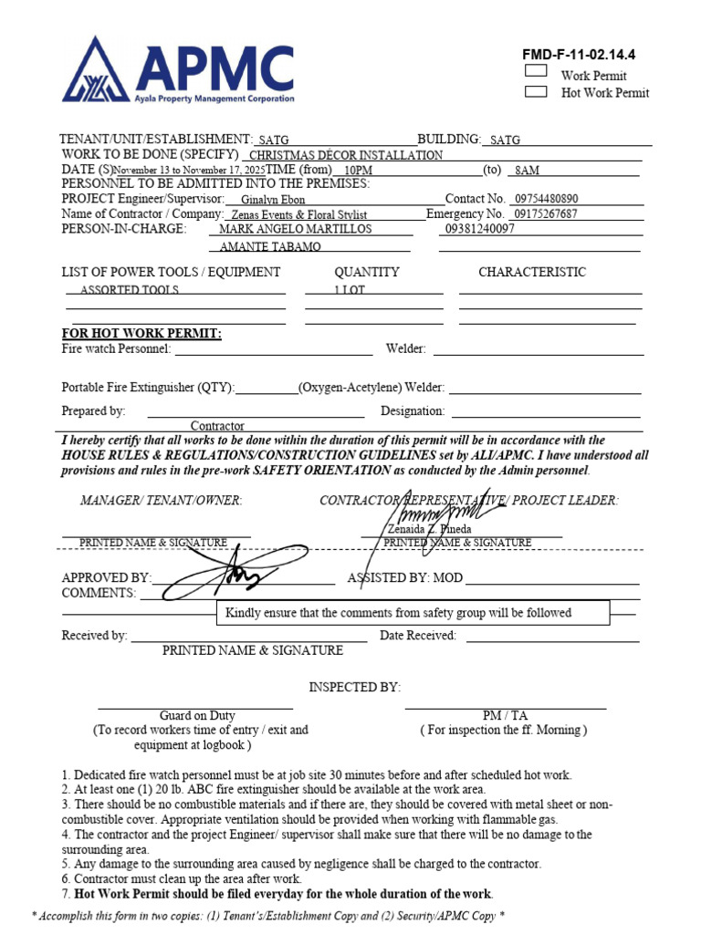 Work Permit Form - SATG MALL 1 | PDF | Occupational Safety And Health ...