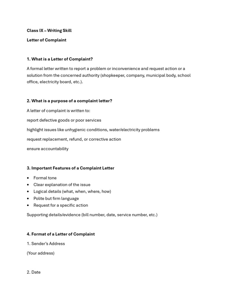 Class IX Complaint Letter Writing Guide | PDF