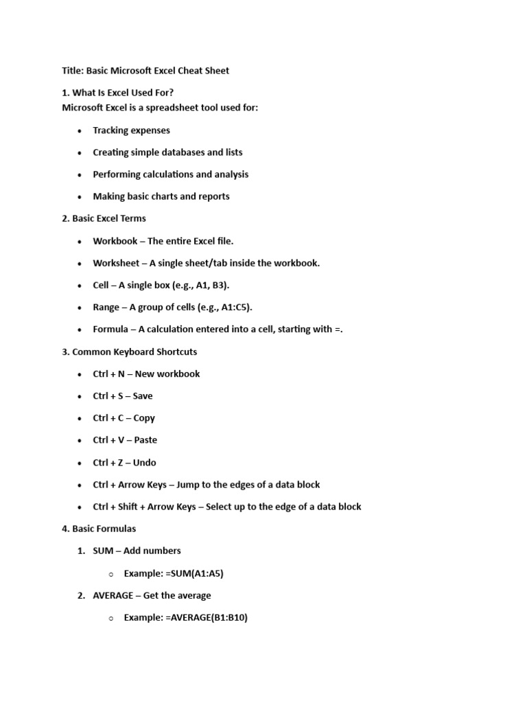 Basic Microsoft Excel Cheat Sheet | PDF