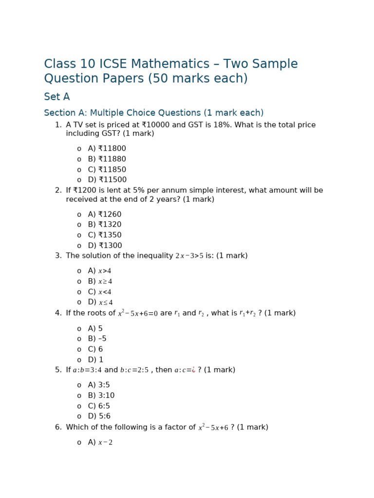 Class 10 ICSE Mathematics - Two Sample Question Papers (50 Marks Each ...