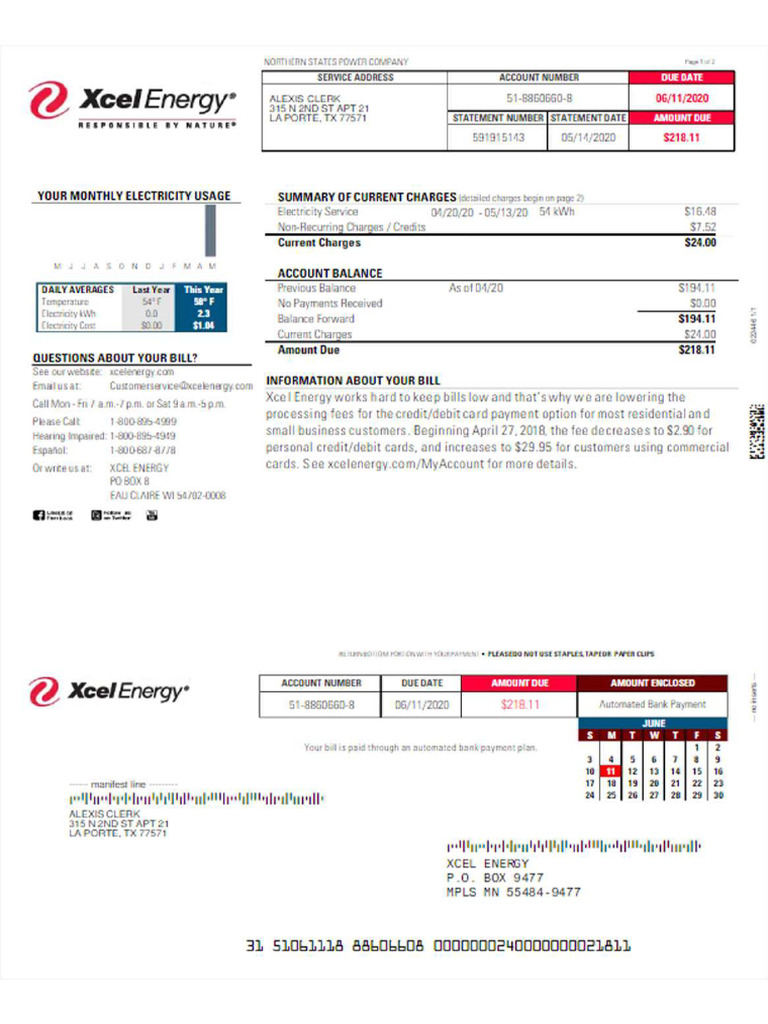 USA XCEL ENERGY Utility Bill Word and PDF Template | PDF