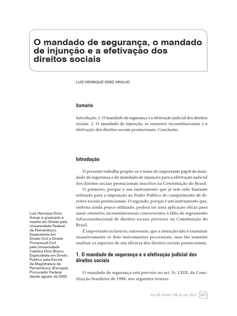 Mandado de Segurança e Direitos Sociais | PDF | Mandamus | Constituição