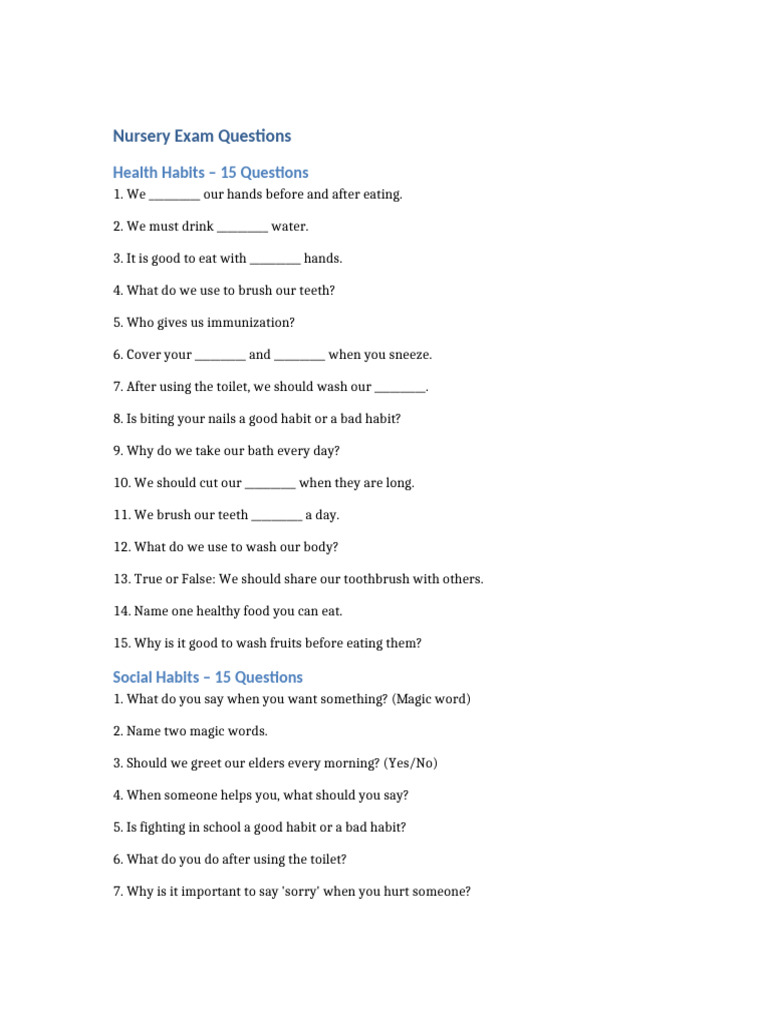 Nursery Exam Questions | PDF
